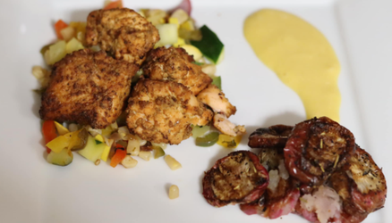 Salmon bites atop Gordon Ramsay’s Succotash with roasted radishes ...